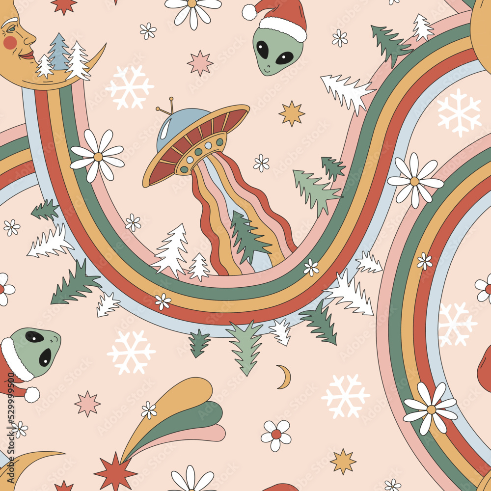 Hippie Groovy Christmas Trippy Rainbow UFO Santa Alien Smiley Face ...