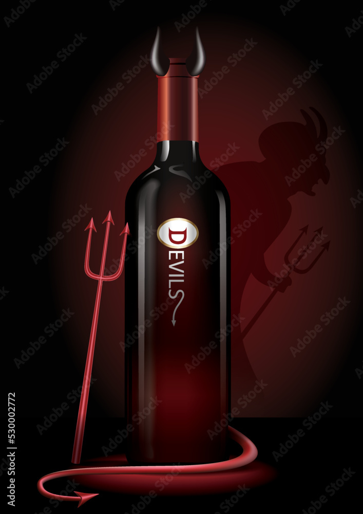 Vector illustrator of a wine bottle in red devils costume with Devil's ...