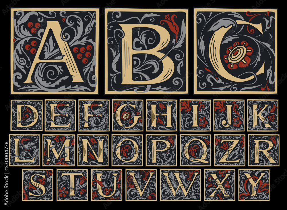 Vintage Alphabet, vector set of hand-drawn ornate initial alphabet ...