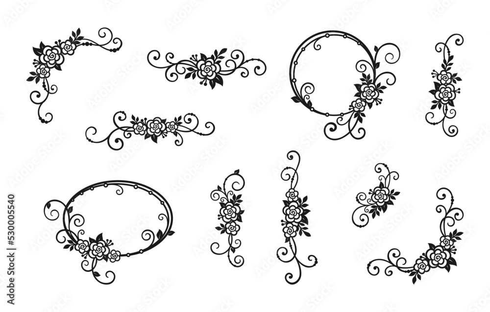 Black and white borders, corners and frames with flowers, leaves, twigs ...