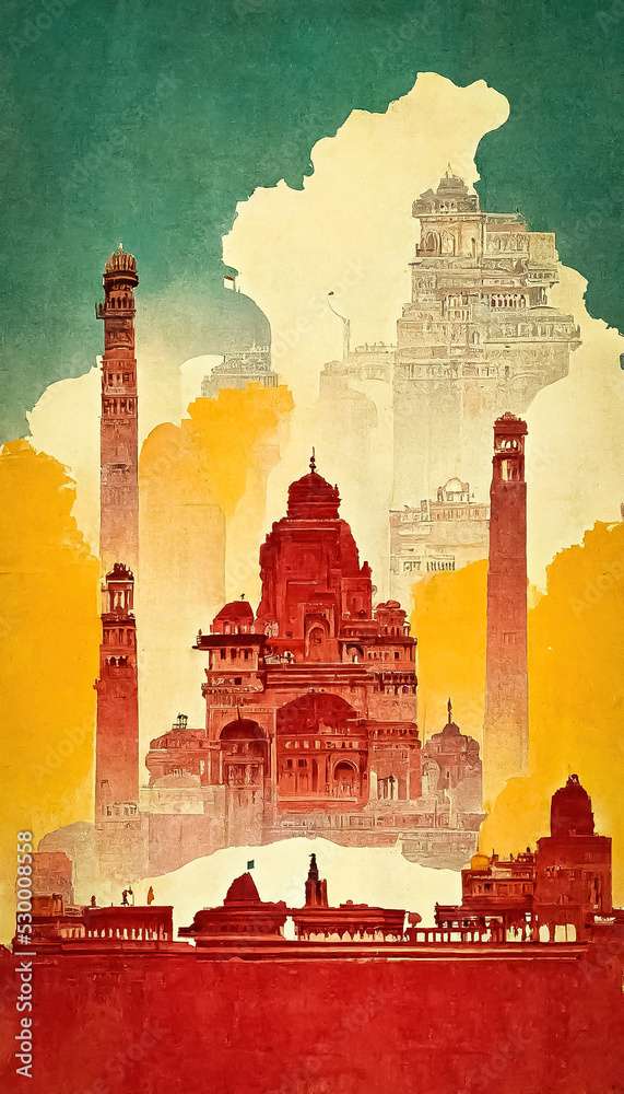 Superb vintage poster on India in Asia, its buildings, its temples and ...