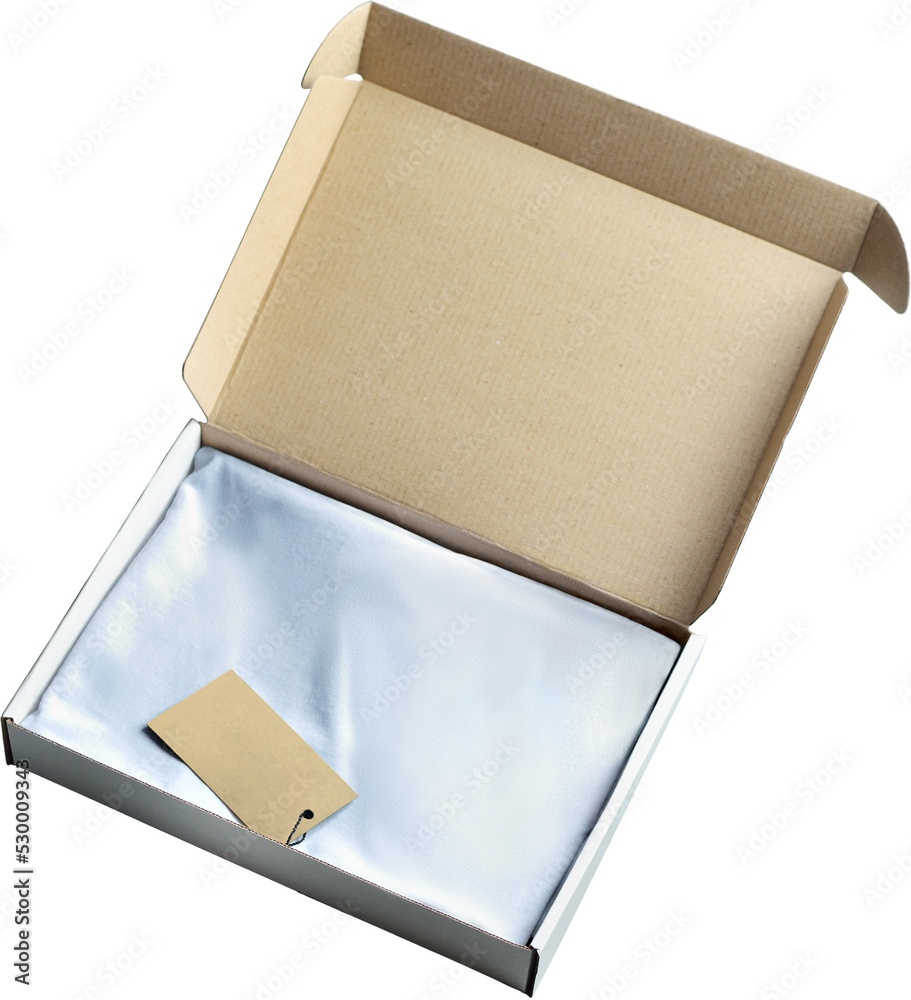 PNG. Mockup of white wrinkled t-shirt in a box with a label, isolated ...
