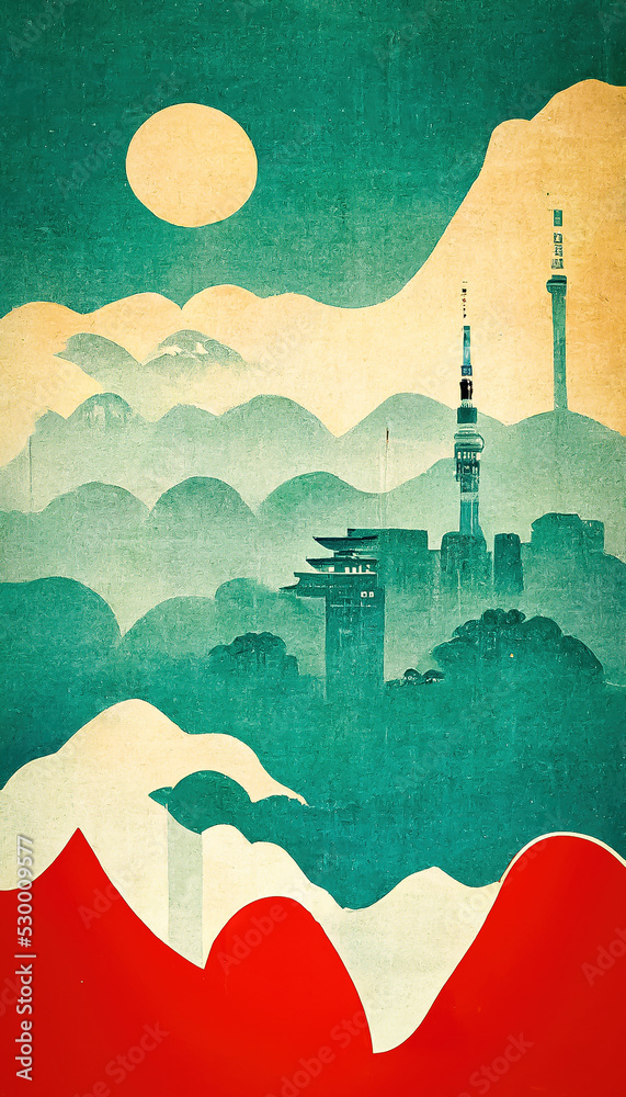 Antique poster for decoration on the theme of Japan, mix of Japanese ...