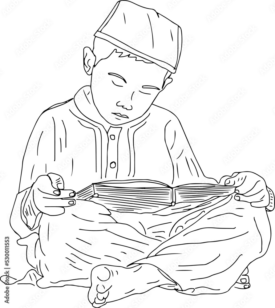 Islamic madrasa student line art vector illustration, Muslim madrasa ...