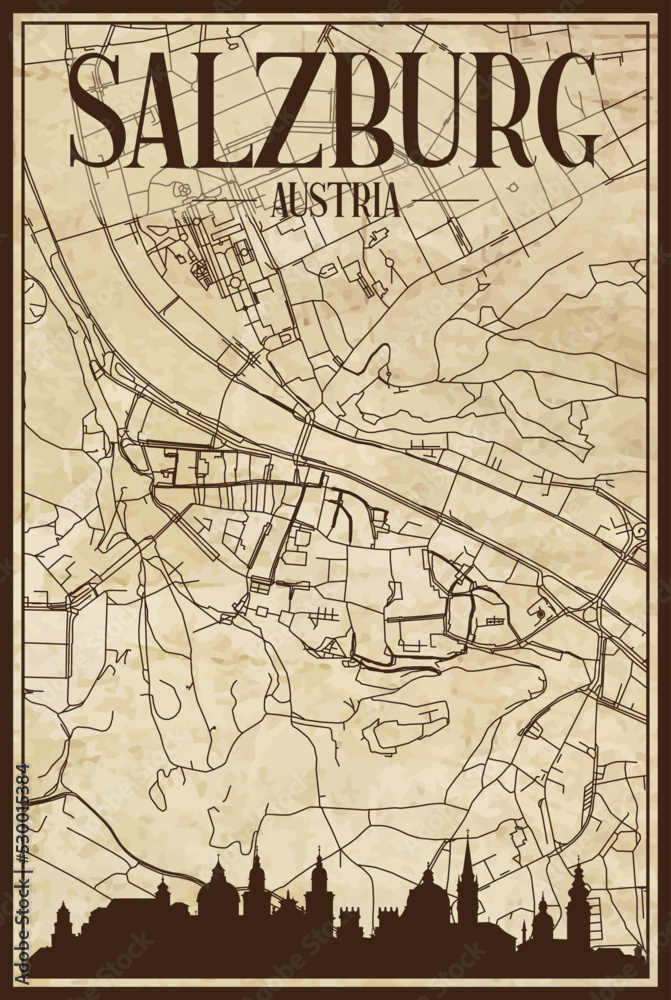 Black printout streets network map with city skyline of the downtown ...