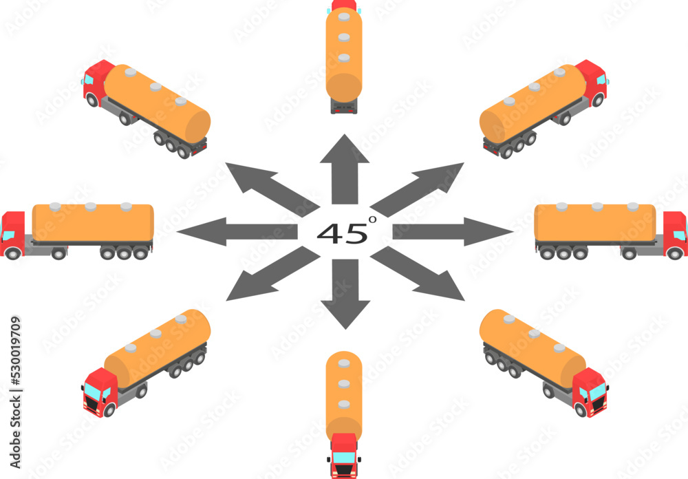 Rotation of fuel truck by 45 degrees. Tank truck in different angles in ...