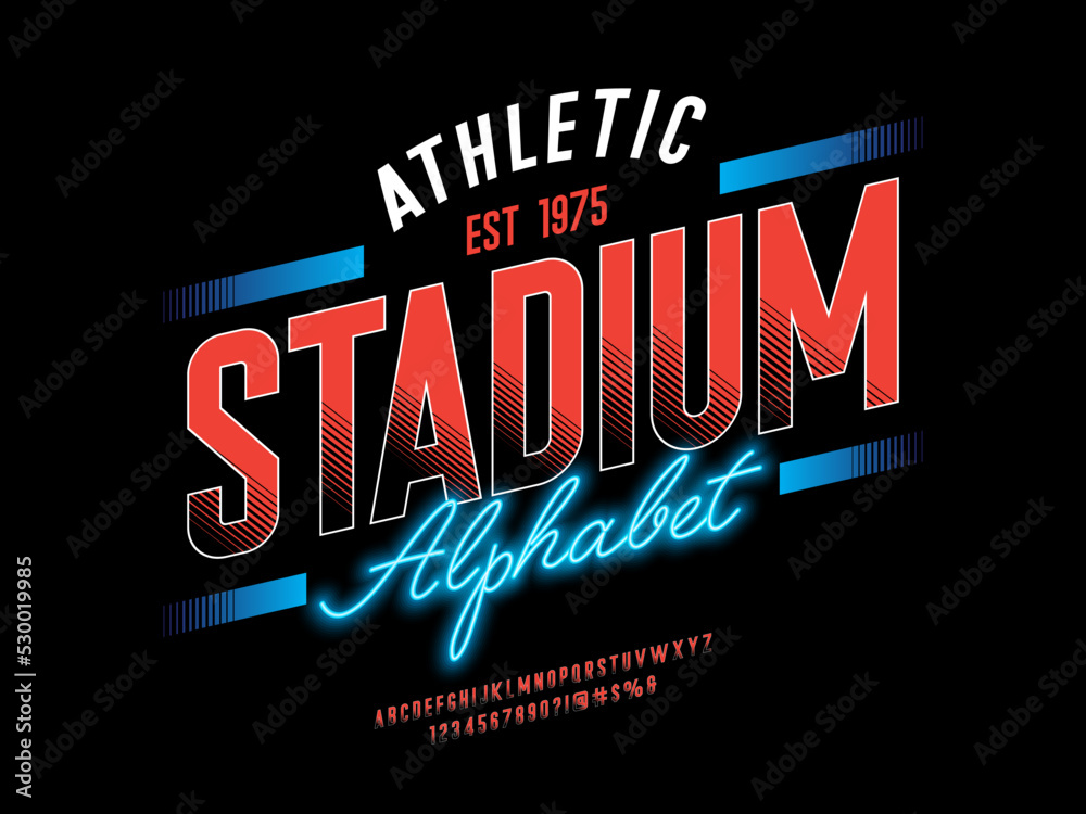 sports style alphabet design with uppercase, numbers and symbols Stock ...