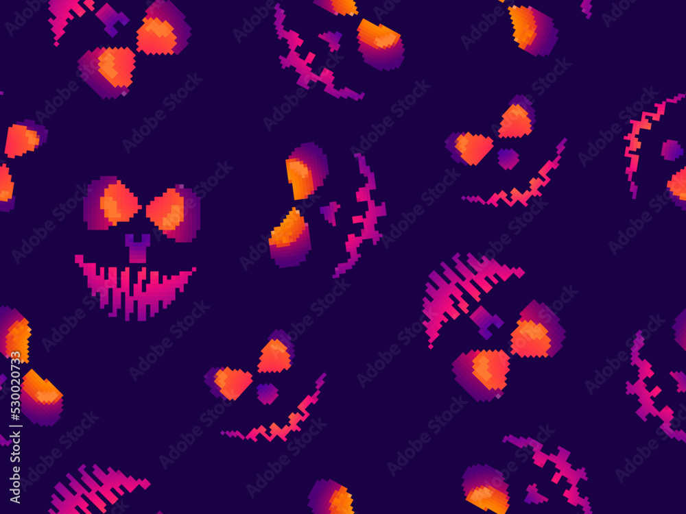 Vetor de Pixel scary face with glowing eyes seamless pattern. Evil ...