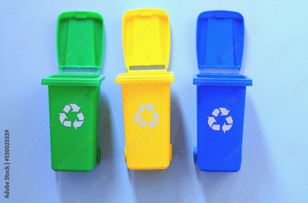 Recycling Garbage Bins. Waste Sorting Concept. Flat lay. Collection of ...