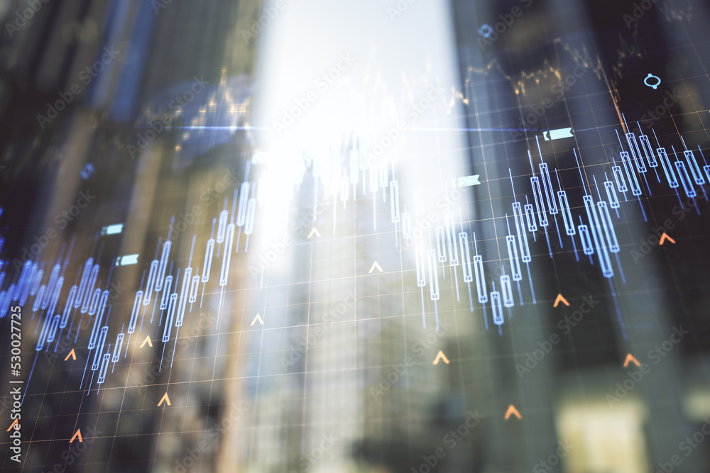 Multi exposure of abstract financial diagram with world map on office ...