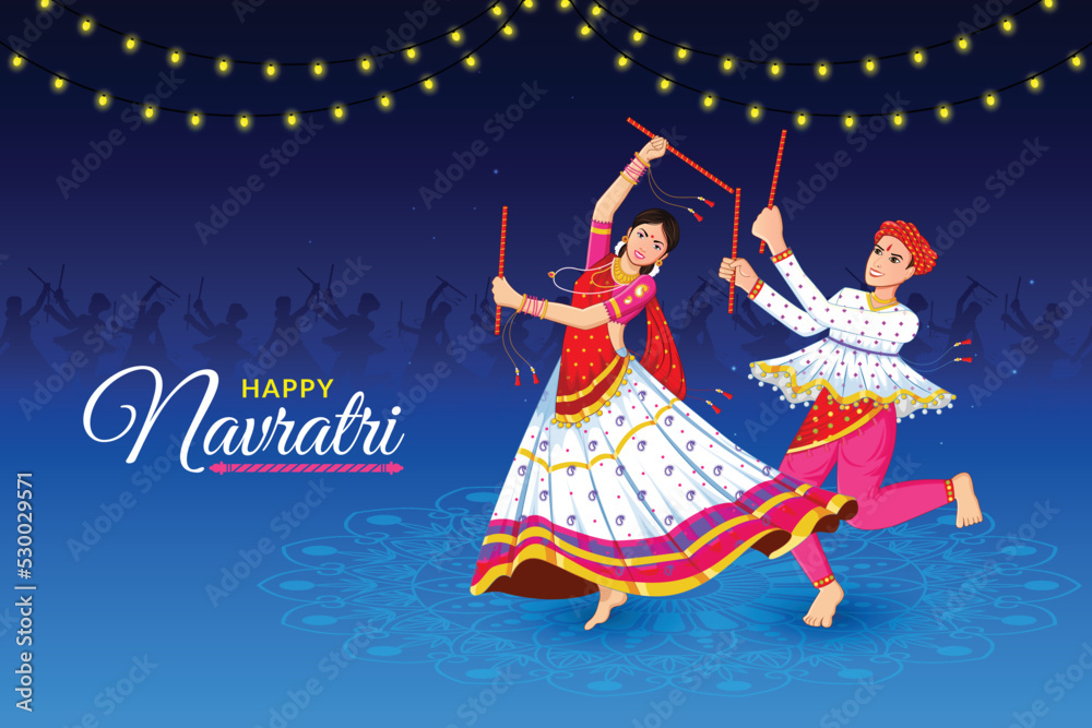 Dancing Dandiya couple at Navratri, Happy Durga Puja and Dussehra Stock Vector | Adobe Stock