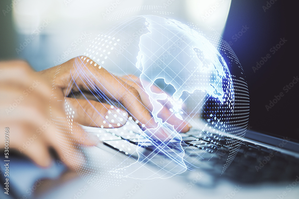 Double exposure of graphic America map and hand typing on computer ...