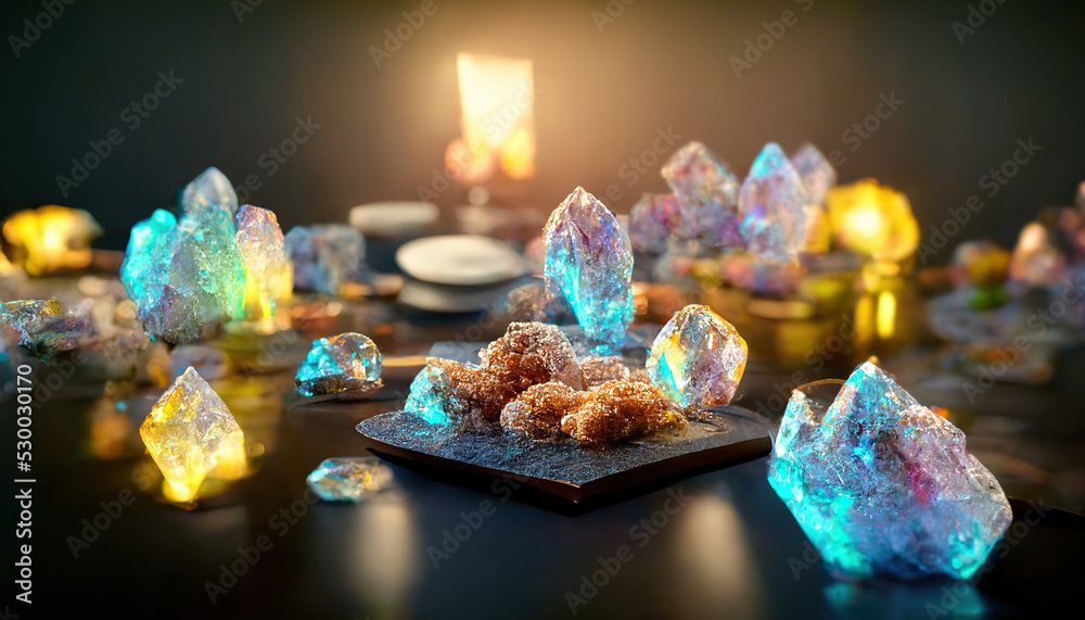 Realistic quartz cristals on a dark background with light source Stock ...