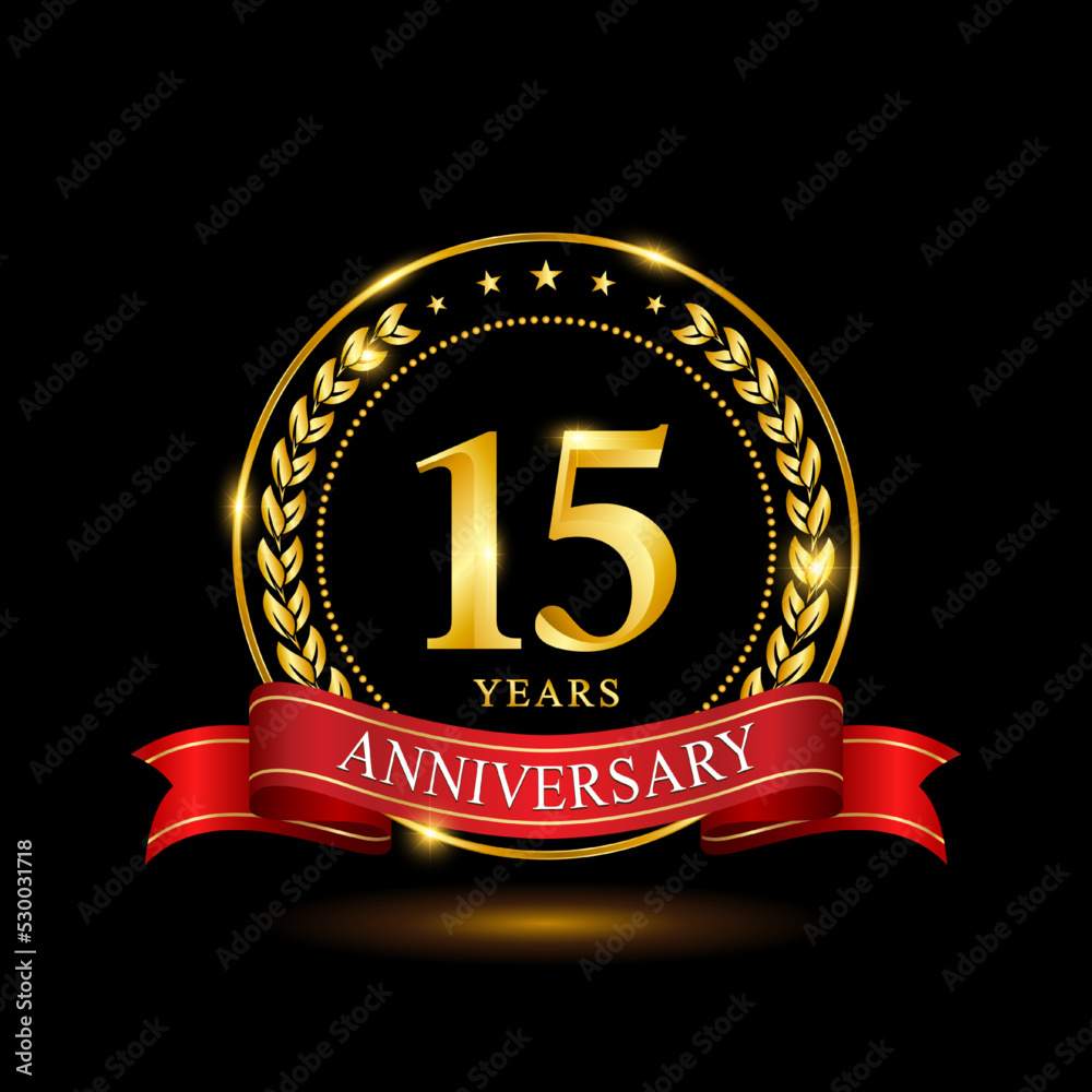 15 Years Anniversary template design, with shiny ring and red ribbon ...