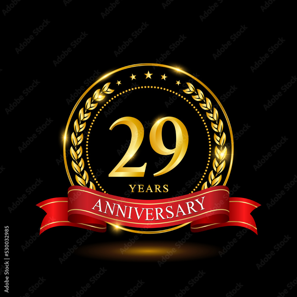 29 Years Anniversary template design, with shiny ring and red ribbon ...