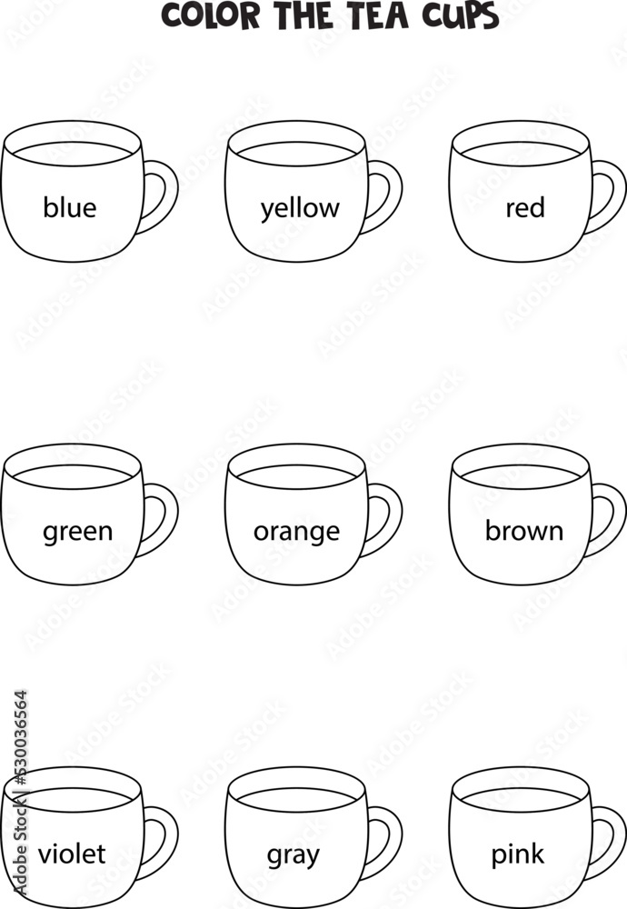 Read names of colors and color black and white tea cups. Educational ...