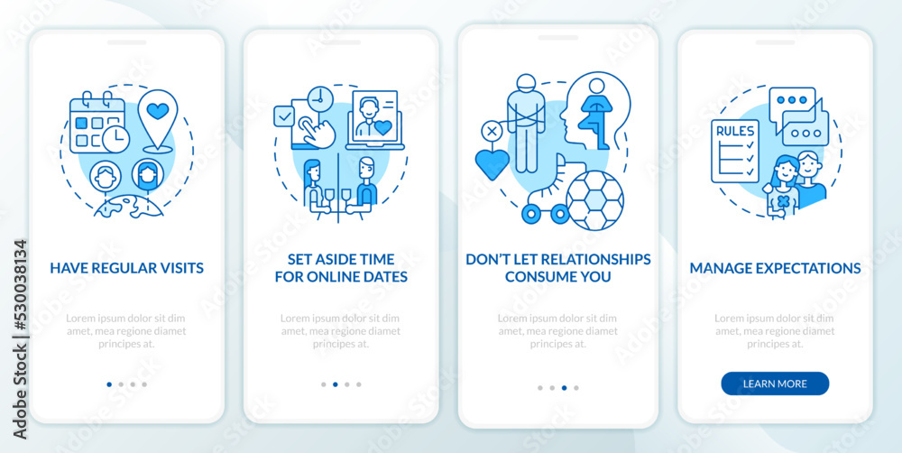 Survive Long Distance Relationship Blue Onboarding Mobile App Screen Walkthrough 4 Steps