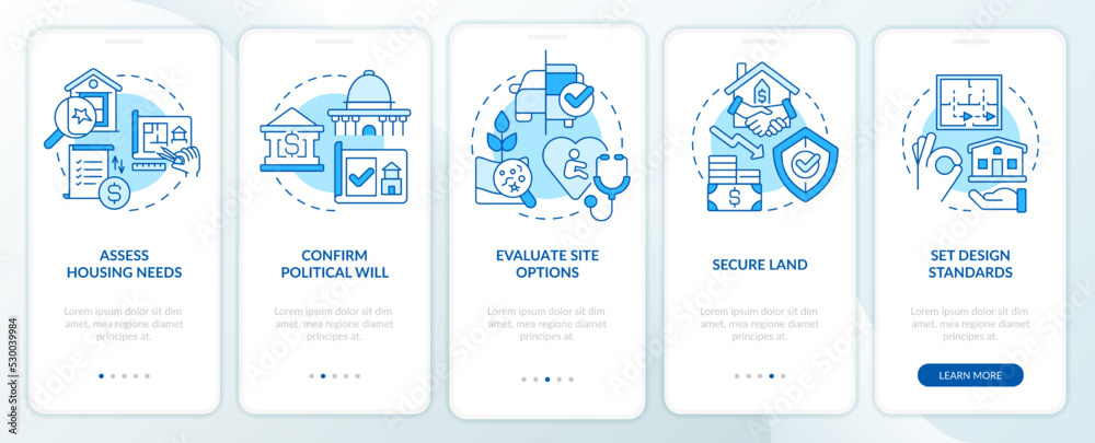 Housing Development Tips Blue Onboarding Mobile App Screen Project Walkthrough 5 Steps Editable