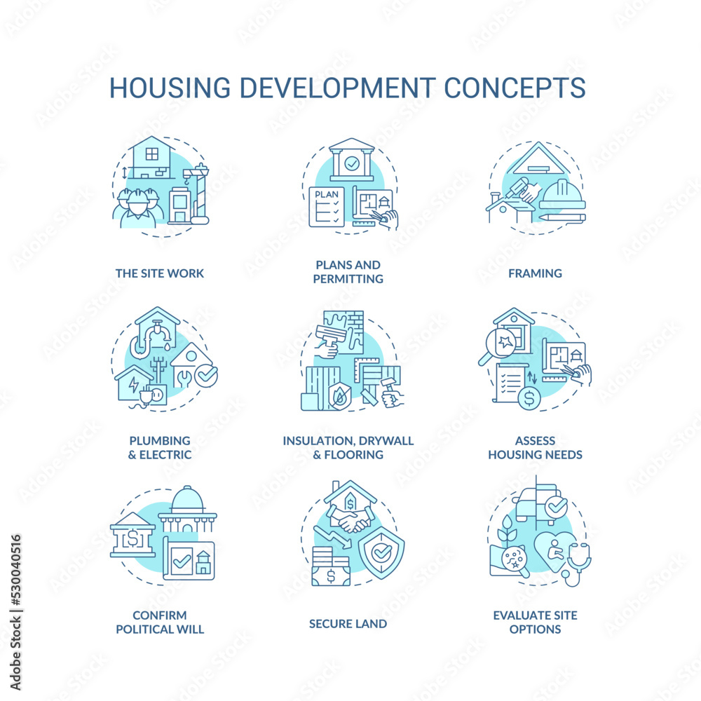 Housing development turquoise concept icons set. Building construction ...