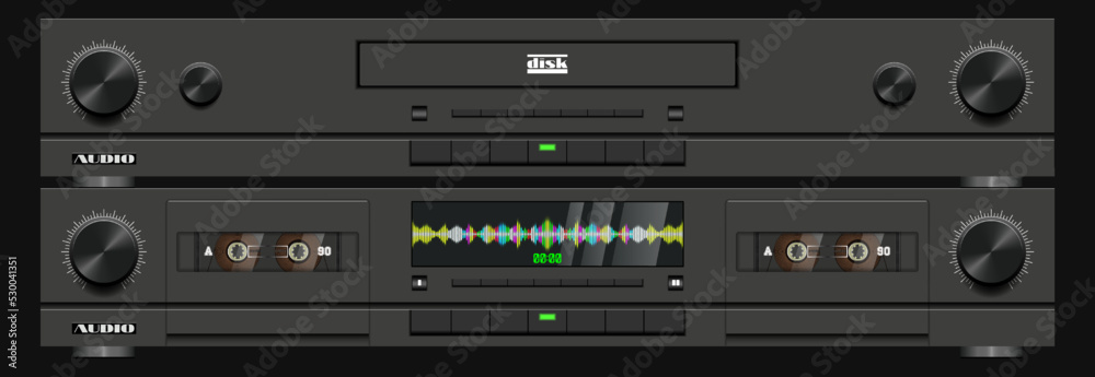 Vector vintage symmetrical black audio stereo rack system with double ...
