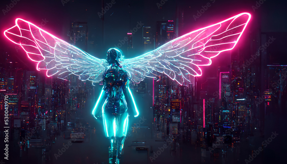 angel wings on the cyberpunk background. Stock Illustration | Adobe Stock