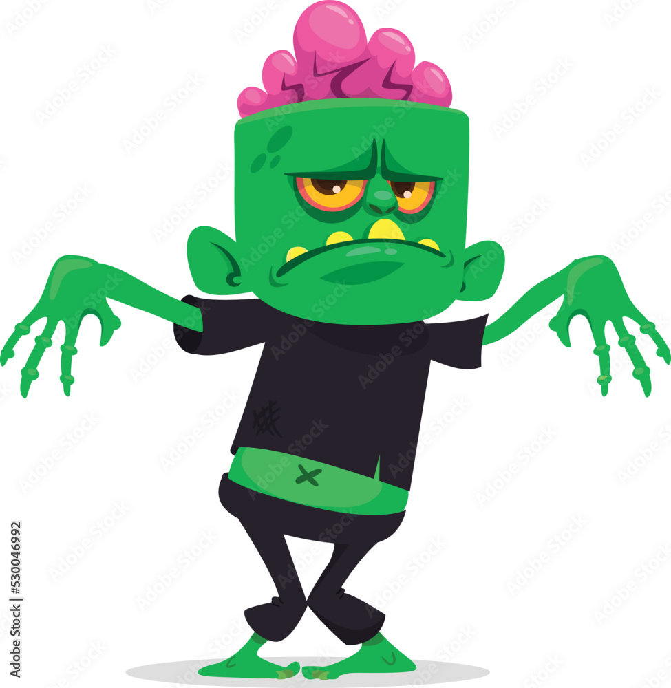 Cartoon funny green zombie with pink brains outside of the head ...