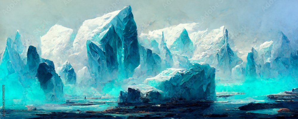 Desert ice landscape with iceberg and water. Digital painting and game ...