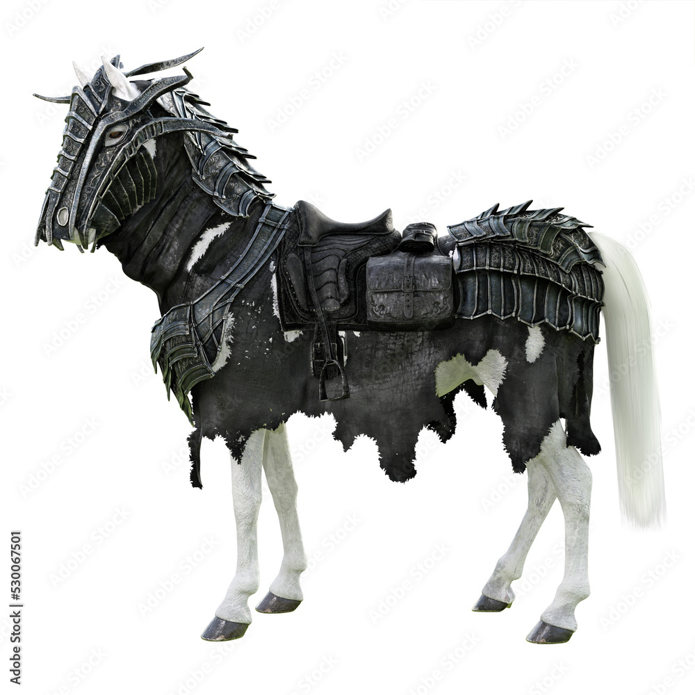 Side view of a posing armored white war horse on a transparent PNG ...