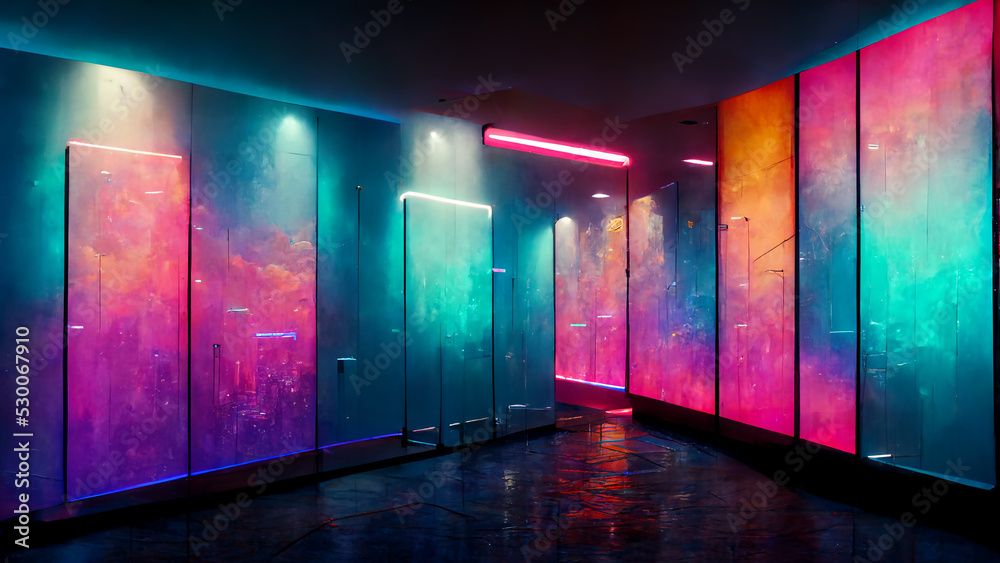 Colorful futuristic wall with neon. Science fiction architecture with ...