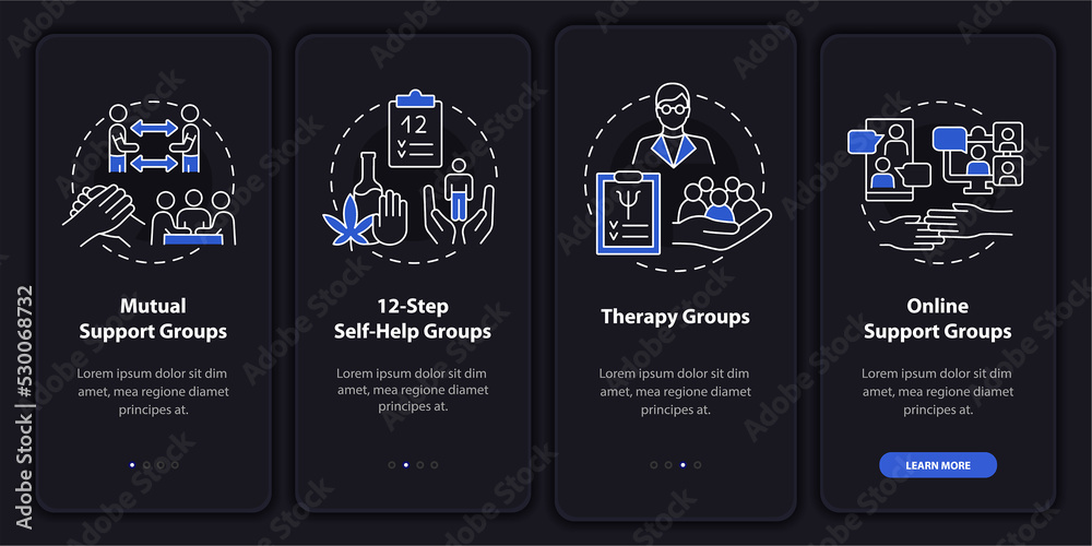 Health-related support groups night mode onboarding mobile app screen ...