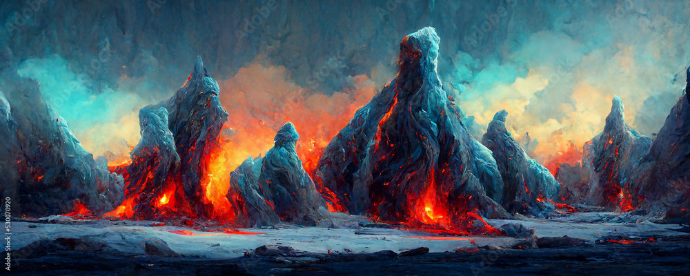 Lava melting ice and glacier of snow landscape. Concept art ...