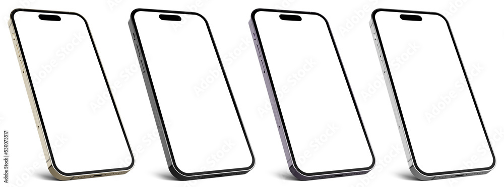 iPhone 14 Pro with blank transparent screen and background, standing on ...