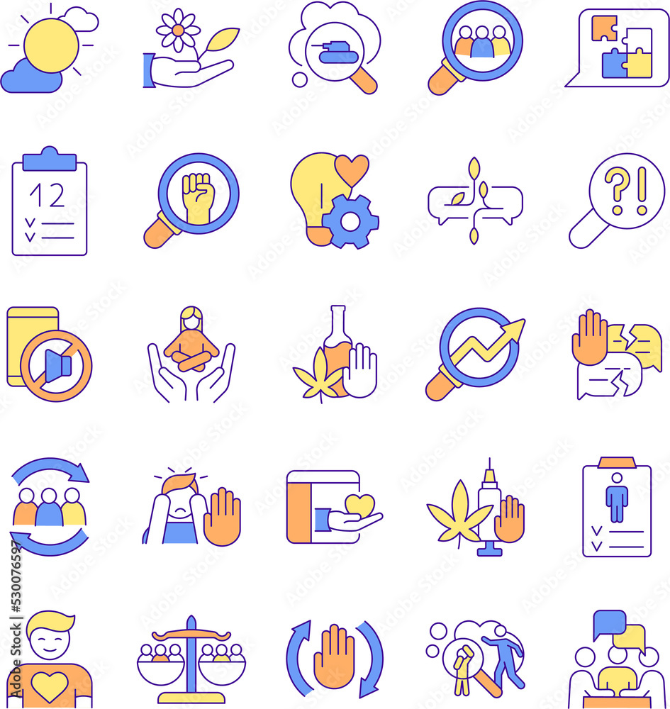 Support groups RGB color icons set. Mental health recovery. Addiction ...