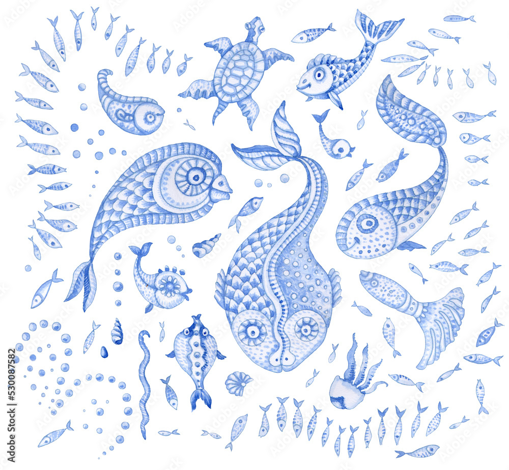 Set of indigo blue hand painted fairy tale sea animals. Watercolor ...
