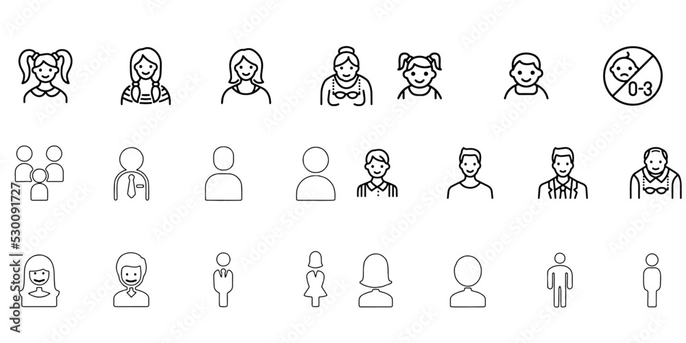 People age flat line icons set. Growth stage - baby boy, teenage girl ...