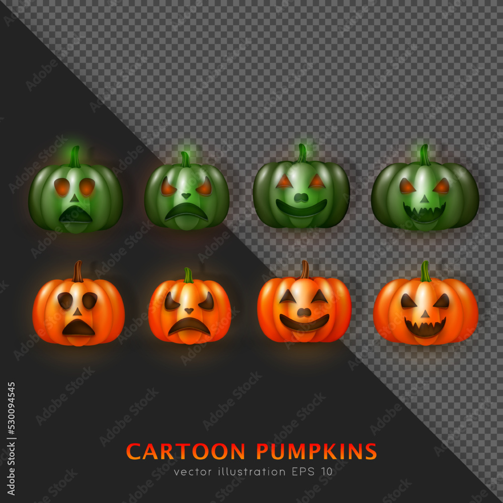 Collection of 3D realistic orange and green zombie pumpkins with angry ...