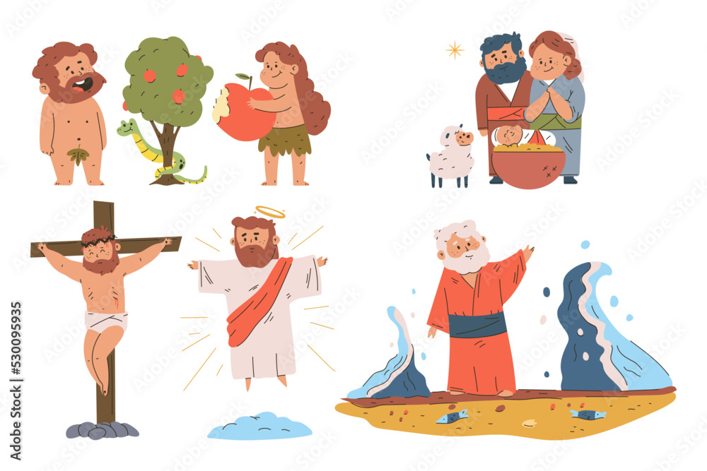 Bible narratives and religion scenes vector cartoon set isolated on a ...
