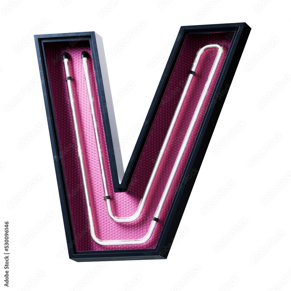 3D illustration of White Neon light alphabet character Capital letter V ...