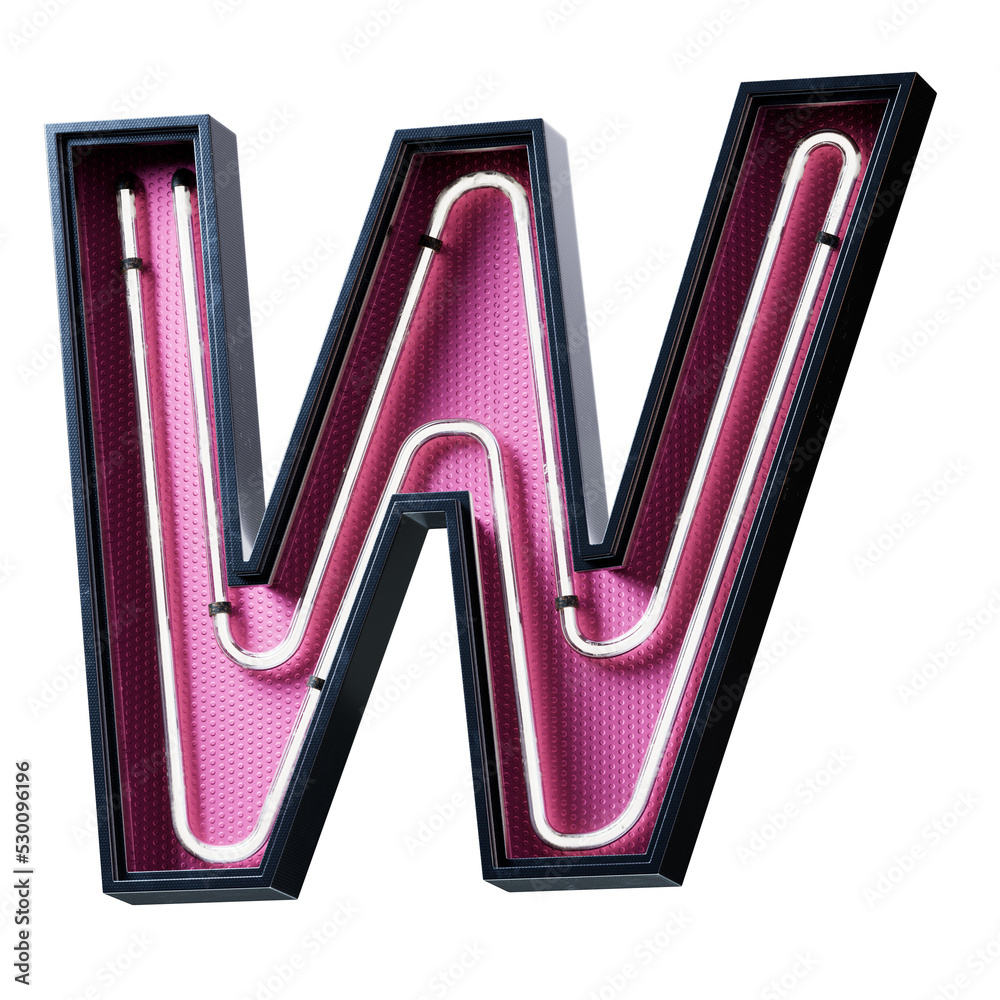 3D illustration of White Neon light alphabet character Capital letter W ...