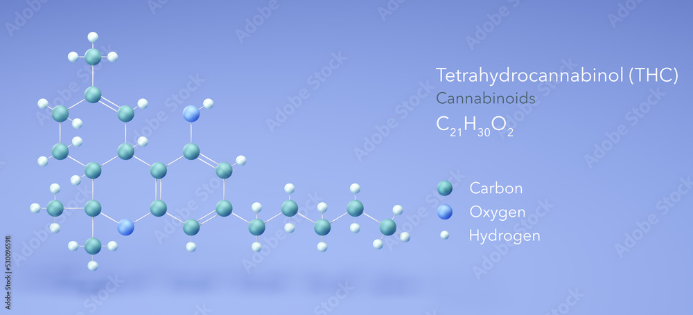 tetrahydrocannabinol, thc, cannabinoid, molecular structures, 3d model ...