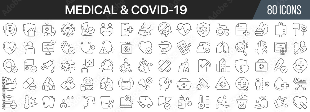 Medical and covid-19 line icons collection. Big UI icon set in a flat ...