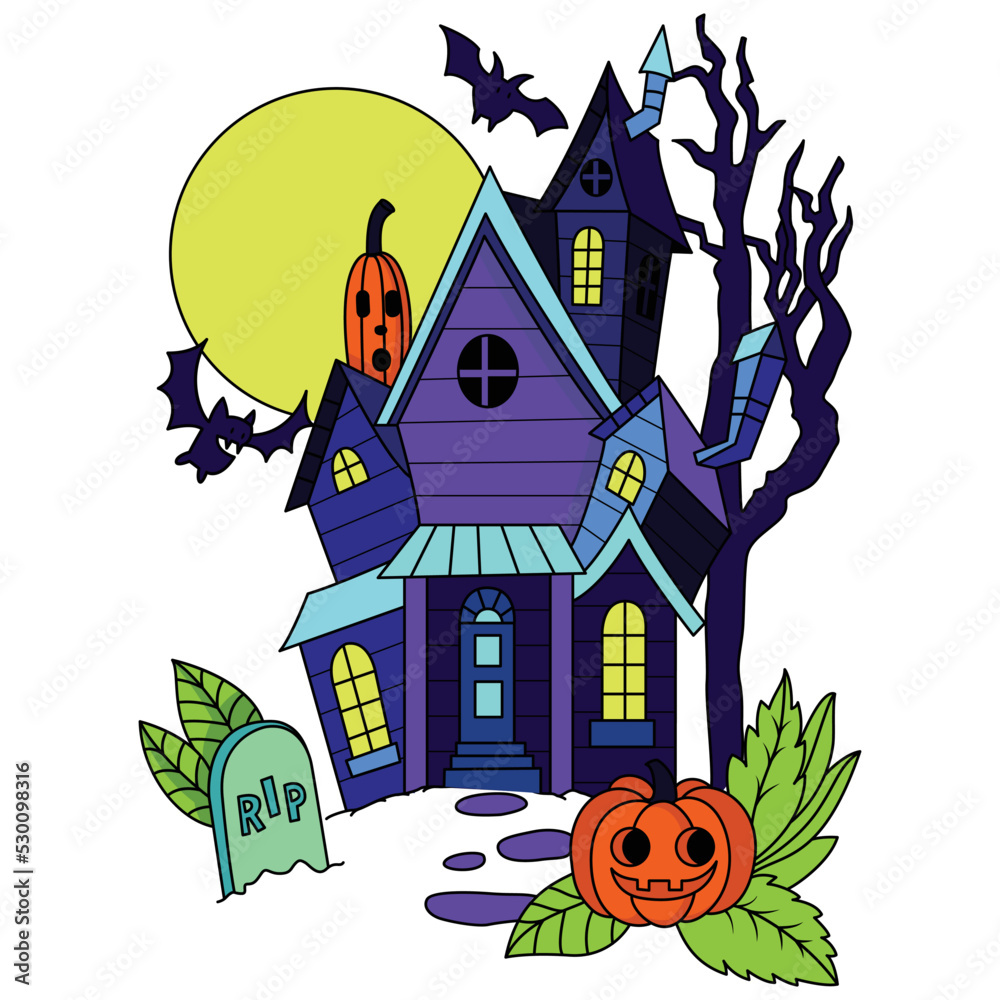 Spooky hand drawn Halloween haunted house creepy Halloween coloring illustration artwork Stock ...