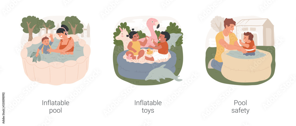 Backyard swimming pool isolated cartoon vector illustration set. Child ...