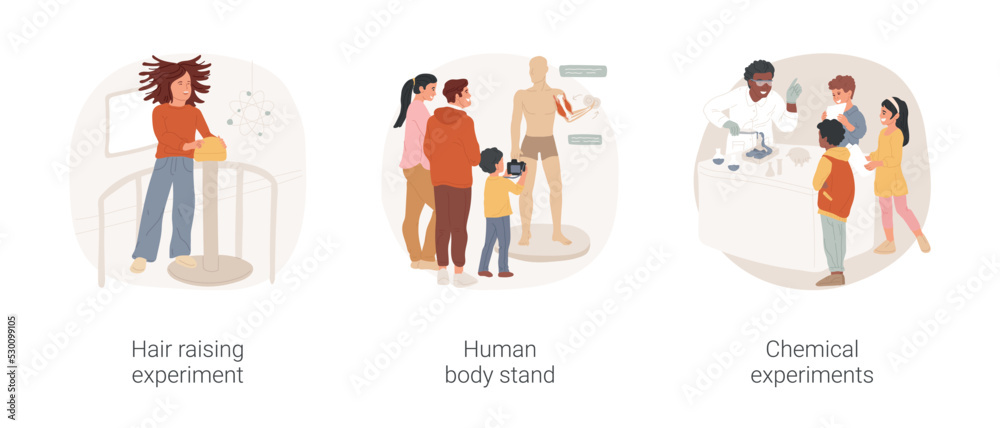 Science museum visit isolated cartoon vector illustration set. Family ...