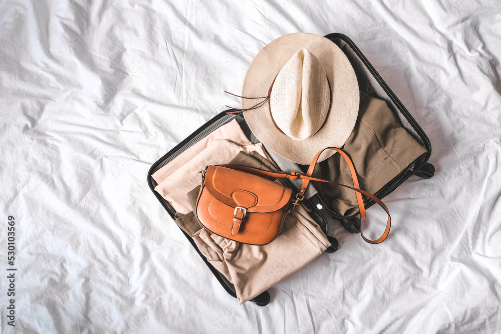Travel. Staycation.local travel new normal.Girl traveler packing ...