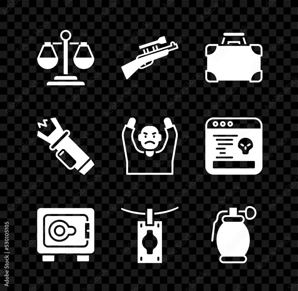 Set Scales of justice, Sniper rifle with scope, Briefcase and money ...