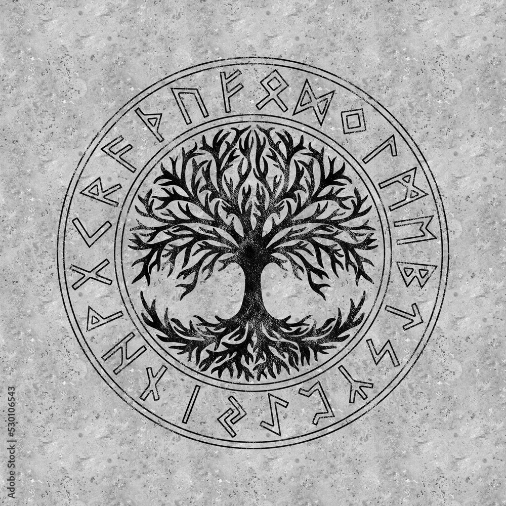 Tree of life, Yggdrasil, Futhark runes circle, Norse mythology, viking ...