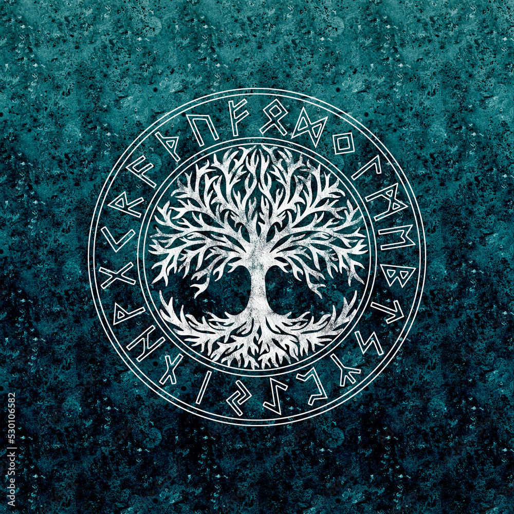 Tree of life, Yggdrasil, Futhark runes circle, Norse mythology, viking ...