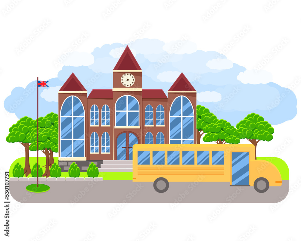 School building with school bus and manicured plants around the school ...