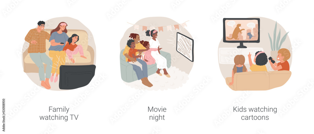 Plakat TV night isolated cartoon vector illustration set. Family ...